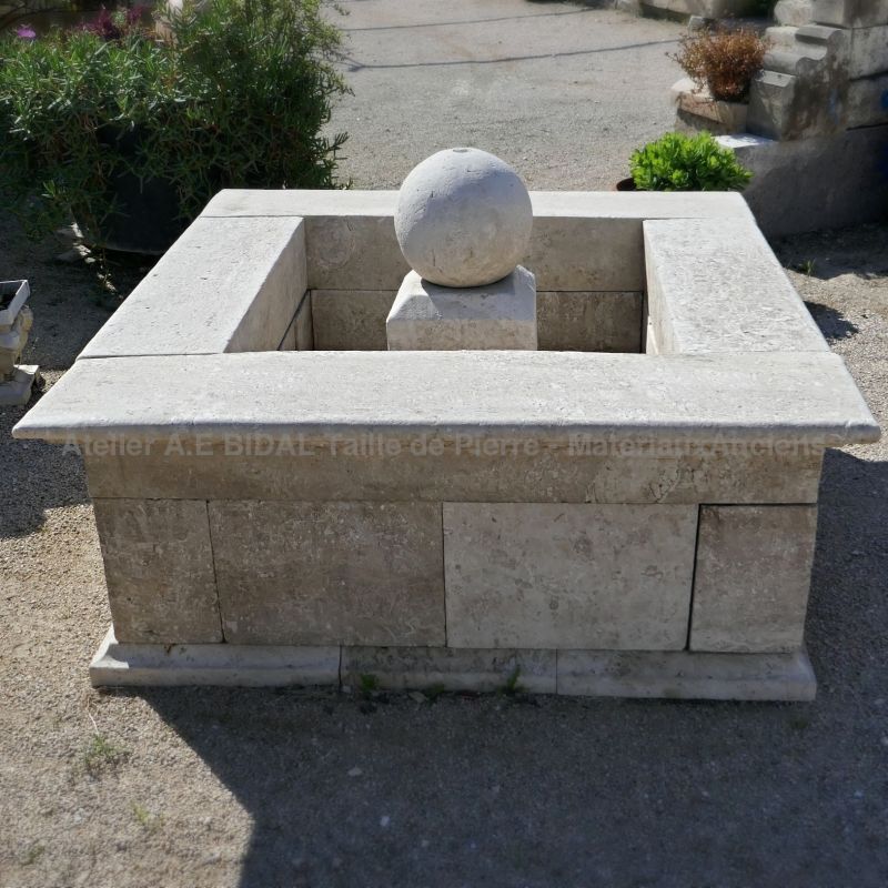 Stone basin for landscape design | Square basin with ball on base