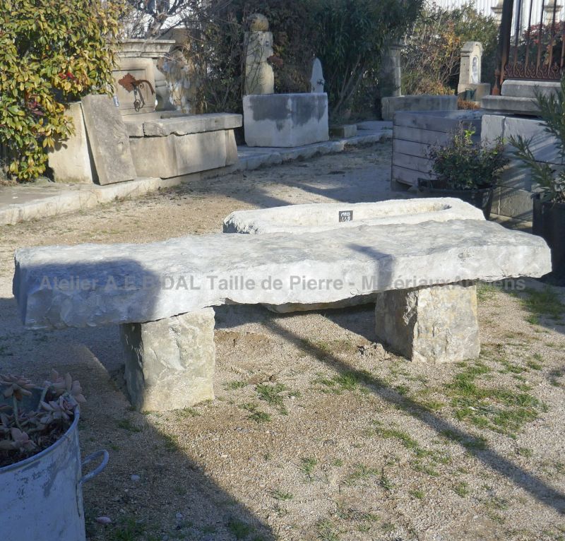 Real antique stone bench with 2 legs | Old garden furniture in stone